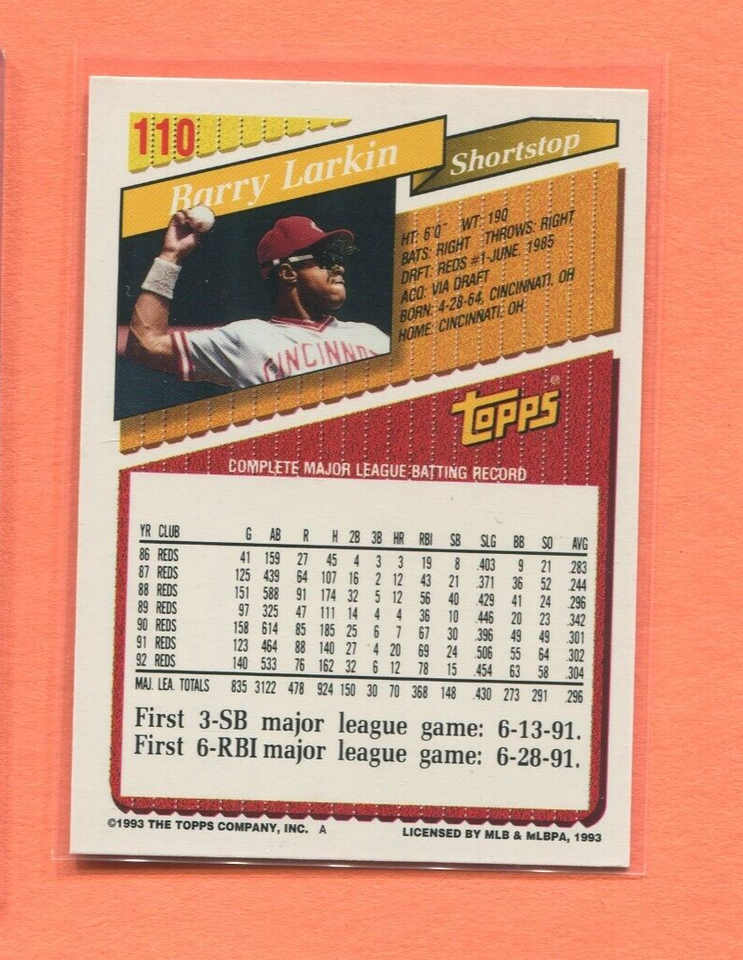 BARRY LARKIN CINCINNATI REDS 1993 TOPPS GOLD BASEBALL CARD #110 | eBay