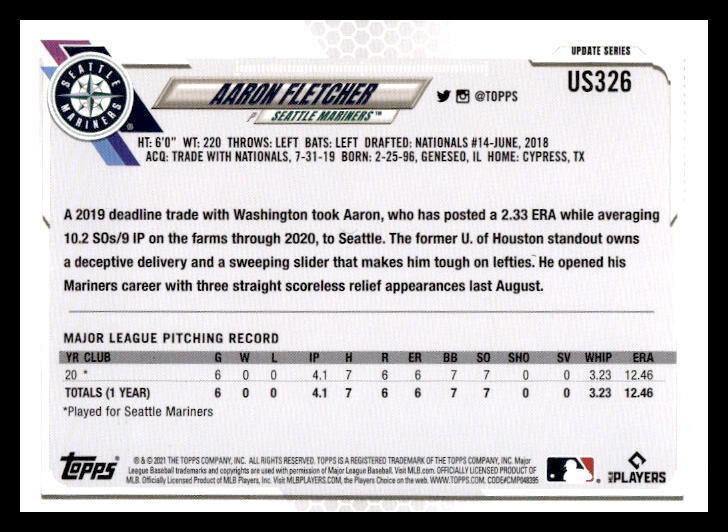 2021 Topps Update Aaron Fletcher #US326 Seattle Mariners Baseball Card ...