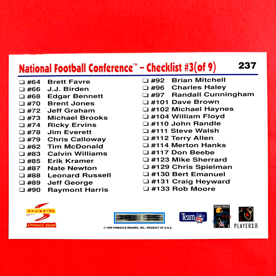 Jerry Rice 1995 Score Checklist Card #237 NFL HOF San Francisco 49ers ...