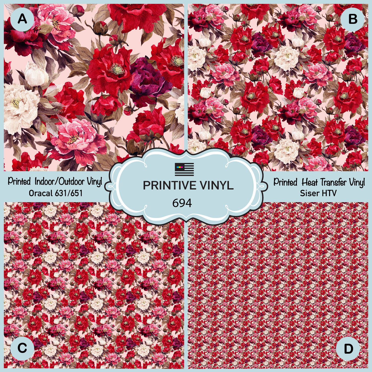 Rose Flower Pattern HTV, Printed Siser HTV, Oracal Adhesive Vinyl- 694 ...