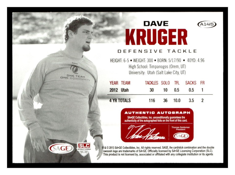 Dave Kruger 2013 SAGE HIT A145 AU Autographs Auto | eBay