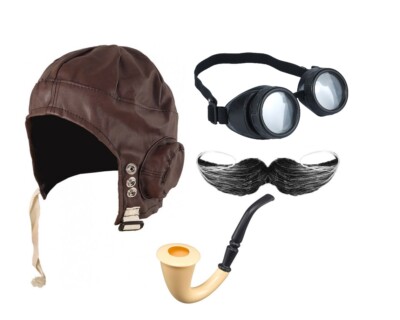 AVIATOR PILOT COSTUME SET BIGGLES HAT PIPE MOUSTACHE GOGGLES FANCY ...