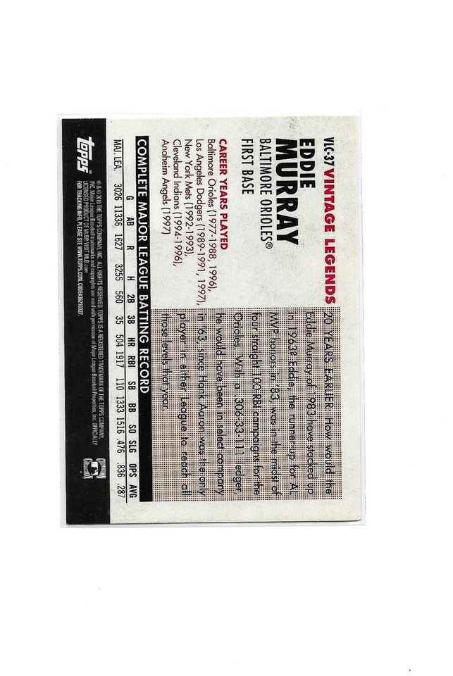 2010 Topps - Vintage Legends Collection Eddie Murray #VLC-37 | eBay