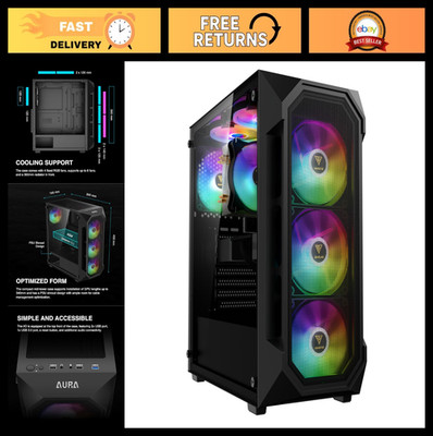 ATX Mid Tower Gaming PC Case, Tempered Glass, 4 ARGB Fans, Mesh Front ...