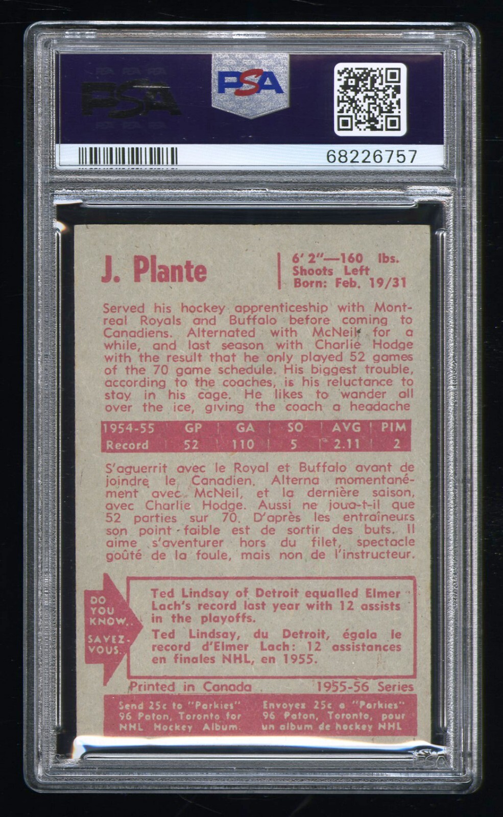 1955 PARKHURST #50 JACQUES PLANTE ROOKIE CARD ~ MONTREAL ~ PSA 6 ~ VERY ...