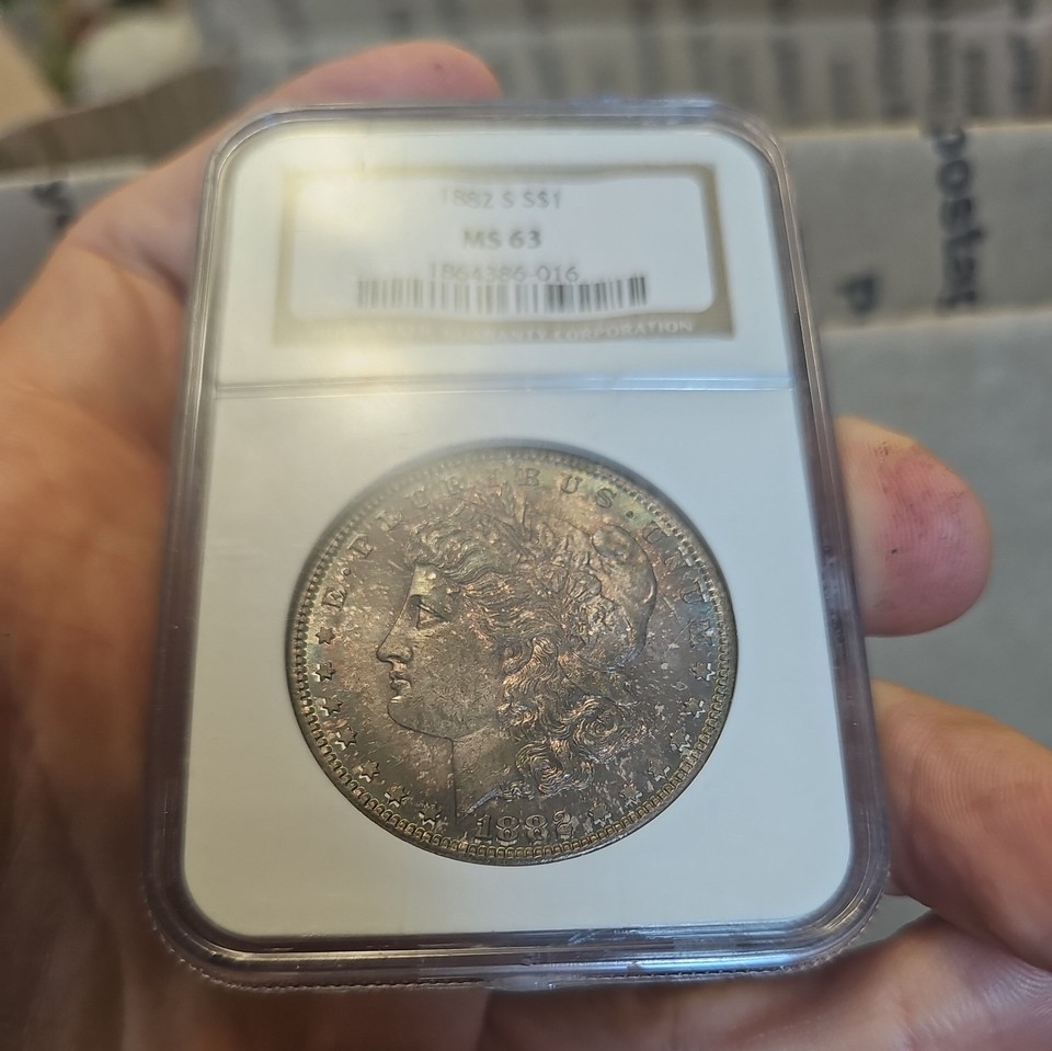 1882-S NGC MS63 TONED MORGAN DOLLAR RED AND BLUE TONING SILVER DOLLAR ...