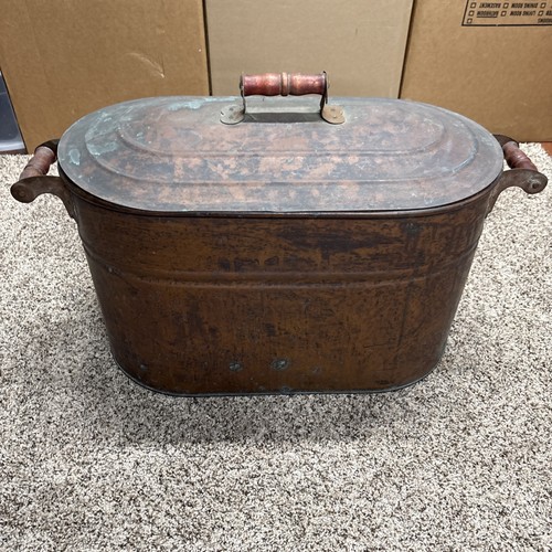 Antique Copper Steamer Wash Tub Wooden Handles Farmhouse Style Rustic ...