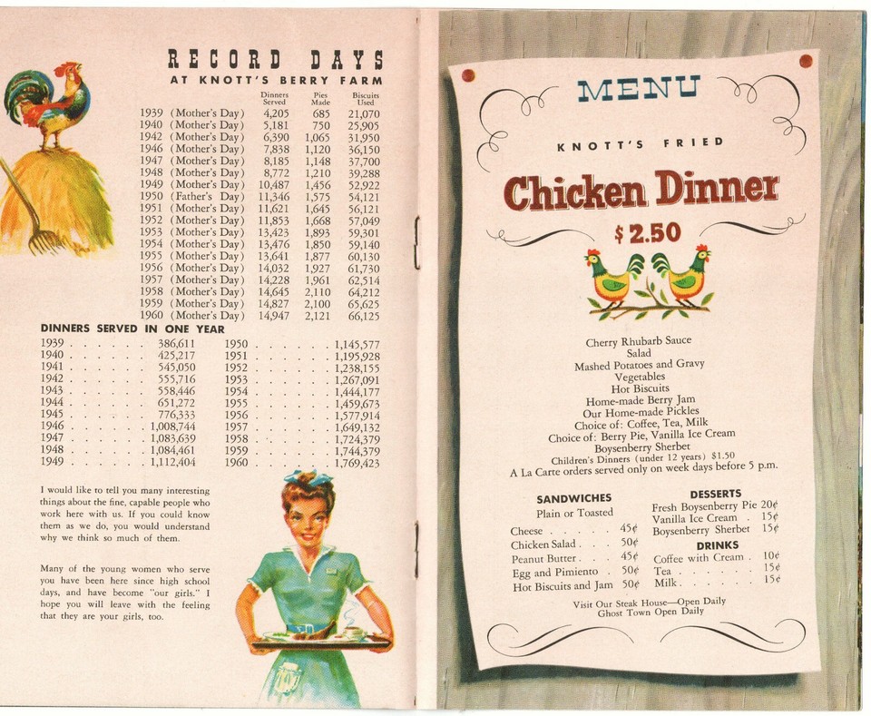 1960 Chicken Dinner Restaurant Menu Berry Farm Ghost Town California Ca ...