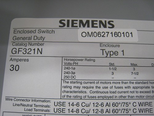 SIEMENS SAFETY DISCONNECT SWITCH GF321N ENCLOSED TYPE 1 PACK OF 2 | eBay