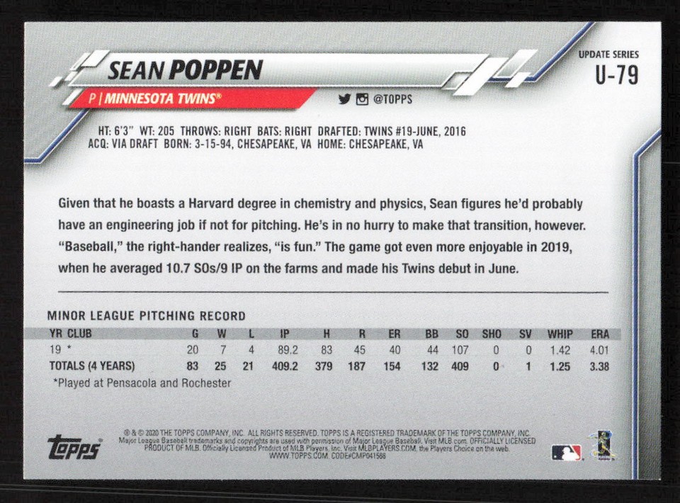 2020 Topps Update Sean Poppen #U-79 Baseball Rookie Minnesota Twins RC ...
