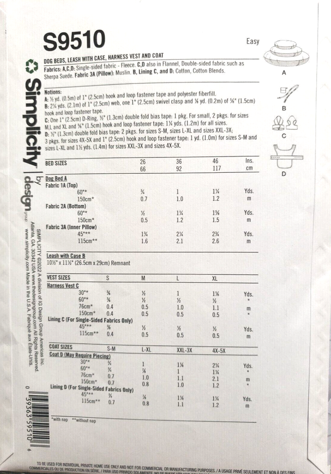 SIMPLICITY CRAFT PATTERN 9510 DOG BEDS LEASH COAT VEST SIZES SM MD LG ...