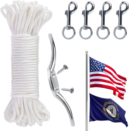 Flag Rope and Clips Kit - 100Ft Flag Pole Rope Halyard with Cleat Hook ...