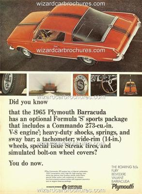 1965 PLYMOUTH BARRACUDA MOPAR HEMI A3 POSTER AD SALES BROCHURE ...
