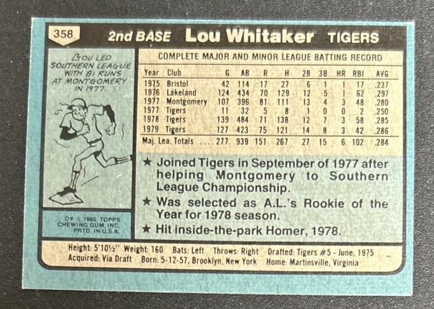 1980 Topps Lou Whitaker Baseball Card #358 Tigers 2B FR/GD Scratched O ...