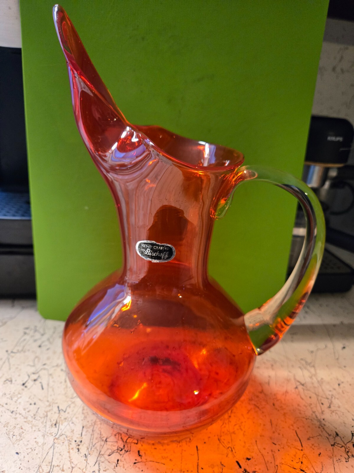 Unique MCM Bischoff Glass Ruby Red Handled Pitcher With Tall Spout Top ...