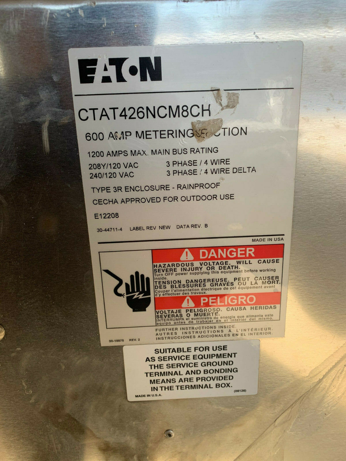 CTAT426NCM8CH Cutler Hammer 600 Amp 240V CT Cabinet N3R Meter Main ...