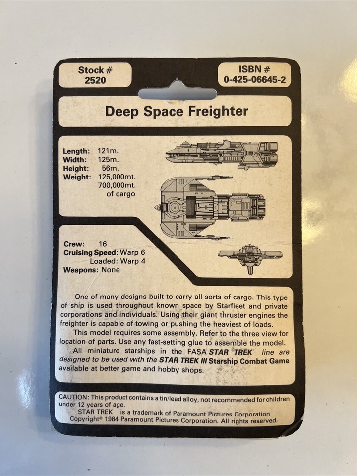 DEEP SPACE FREIGHTER Star Trek III Starship Miniatures FASA 1984 MINT ...