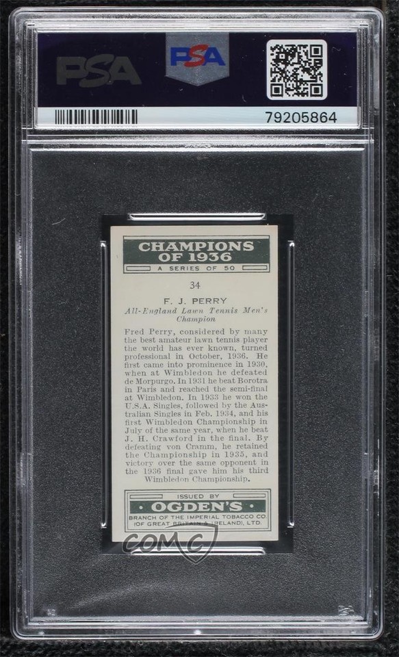 1937 Champions of 1936 Tobacco Ogden's Fred Perry Frederick Perry #34 ...