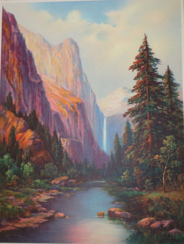 Old Vintage WM Thompson Mountain Waterfall Landscape Print | eBay