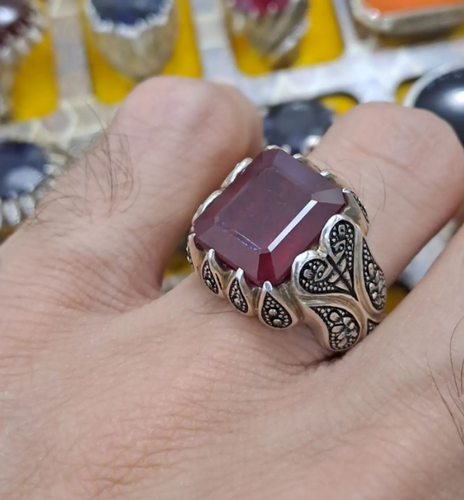 Genuine Red Ruby Ring Square Ruby Gem Engraved Ring Valentine Gift Ring ...