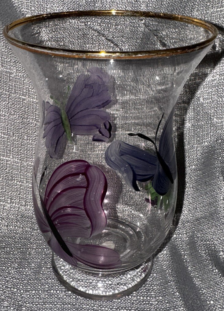 Teleflora Butterfly Hand Painted Italy Clear Glass Vase Purple ...
