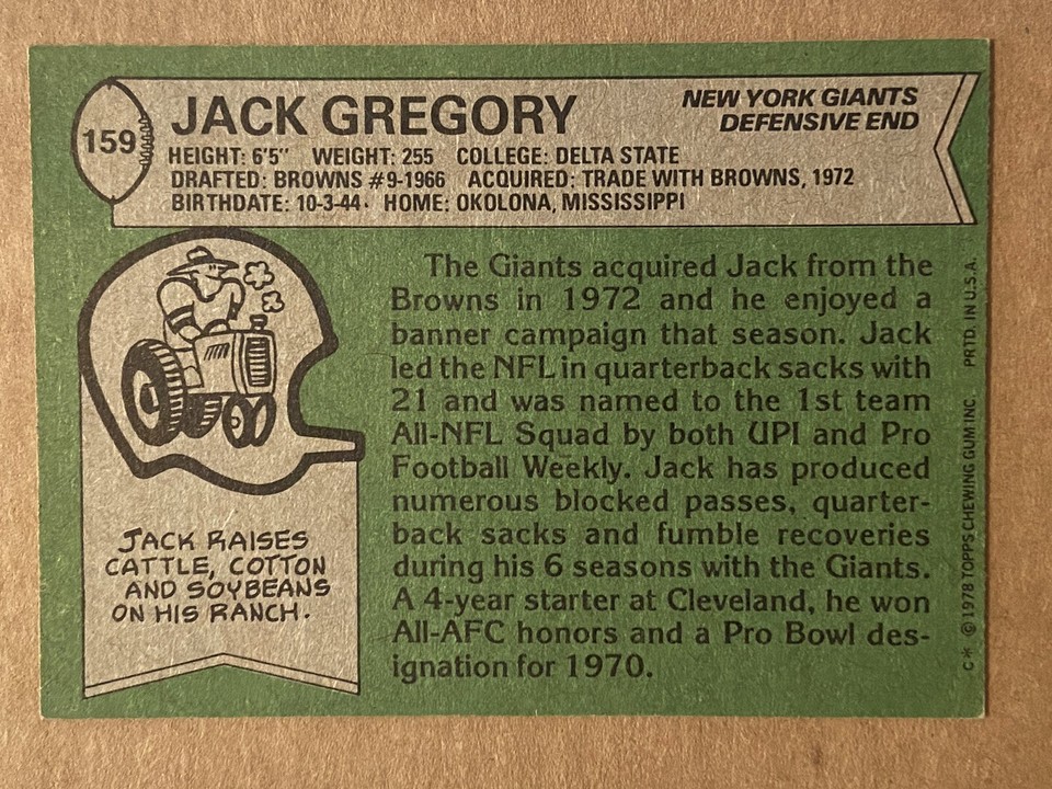 JACK GREGORY Signed 1978 Topps #159 NY Giants Browns Delta State ...