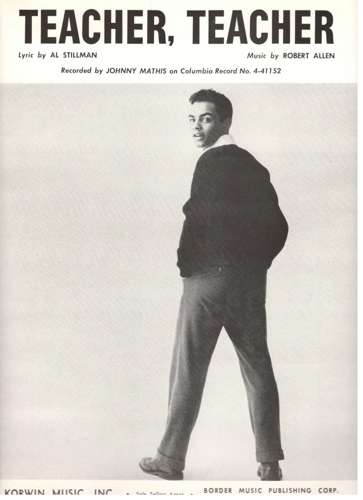 JOHNNY MATHIS "TEACHER, TEACHER" SHEET MUSIC-PIANO/VOCAL/GUITAR-1957 ...