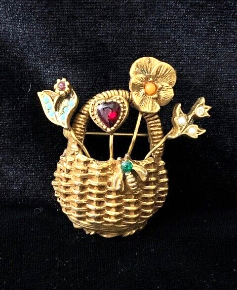 Vintage Signed GOLDETTE NANTUCKET BASKET FLOWER HEART BEE Gold Tone Pin ...