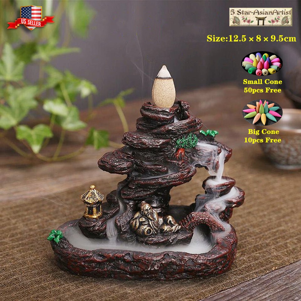 Big Backflow Incense Cones Burner Holder Village Mountain & Free Cones ...