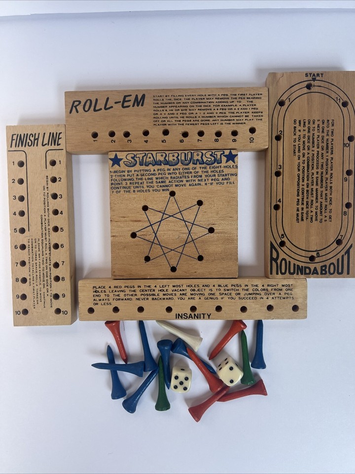 Vintage 80's Wood Peg Board Games Brain Teasers Roundabout Roll-Em Lot ...