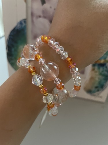 Rabbit fur Orange Rutilated Quartz Triple Bracelet W Crystal Bead Set ...