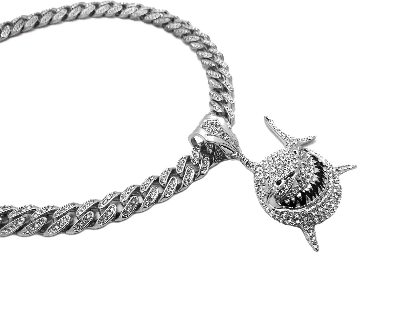 RAPPER TEKASHI 69 SHARK PENDANT 20" CUBAN LINK CHAIN NECKLACE SILVER ...