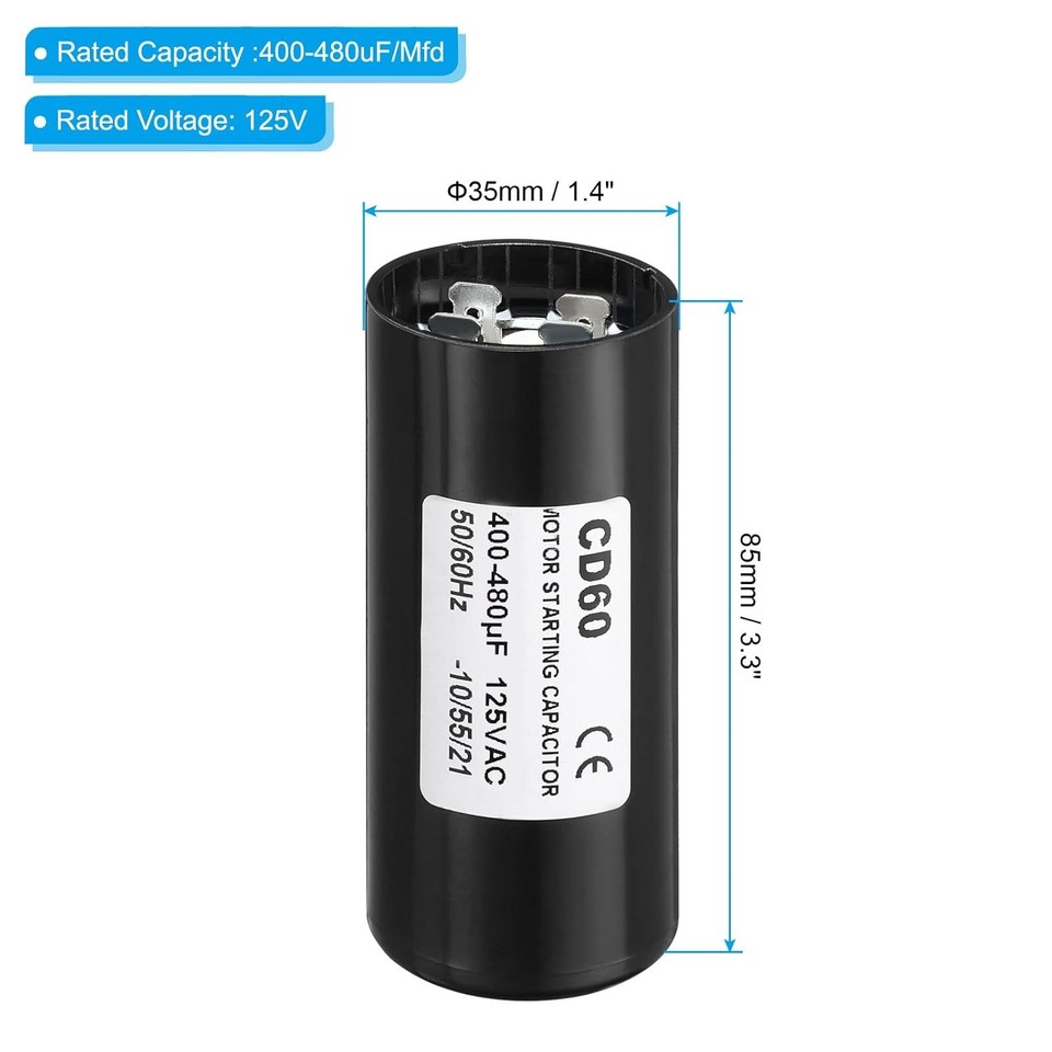 PATIKIL Motor Start Capacitor, 400-480uF/Mfd 125V 50/60Hz CD60 Run ...