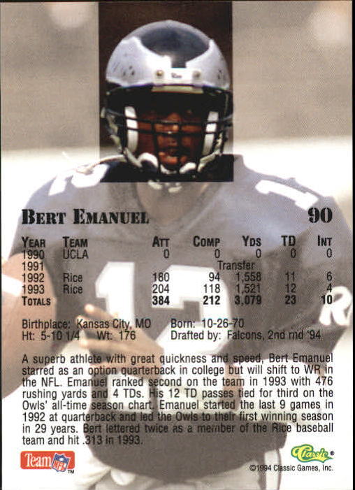 1994 Classic Gold #90 Bert Emanuel Atlanta Falcons NFL Football Card NM ...