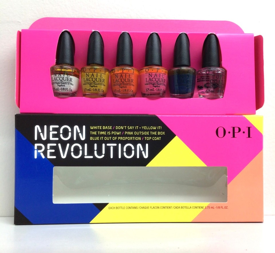 OPI NEON REVOLUTION 6 Mini Polish set: White Base/4 colors/Top Coat x 1 ...