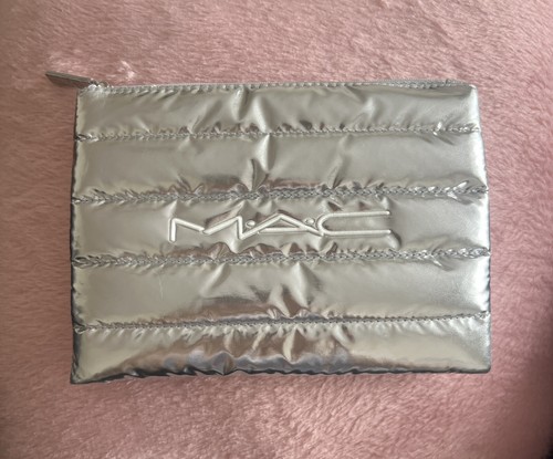 MAC Makeup Cosmetic Bag 8x5.5in Silver Metallic Puffer Zip Logo New | eBay