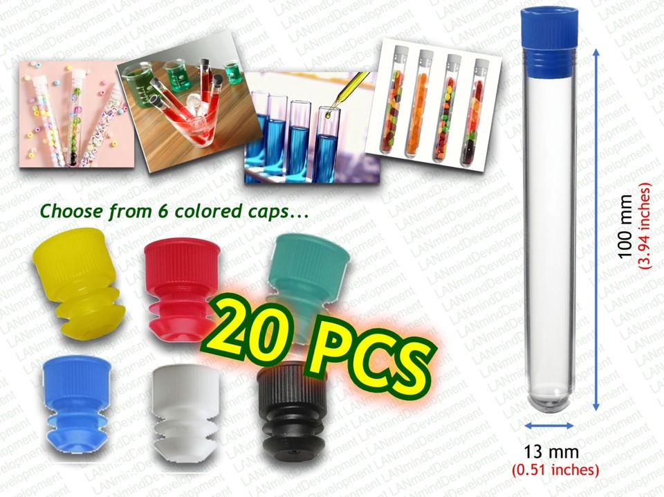 13 x 100 mm - Clear Plastic Test Tubes with Colored Caps – 8ml volume ...