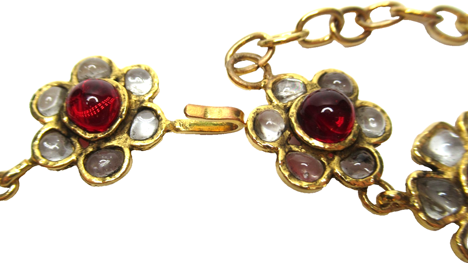 French Gripoix Poured Glass Pâte de Verre Red Green Flower Vintage ...