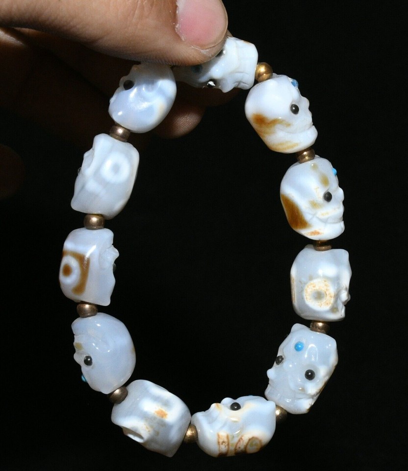 Natural Agate Onyx Inlay Gems Skeleton Skull Head Bracelet Hand Amulet ...