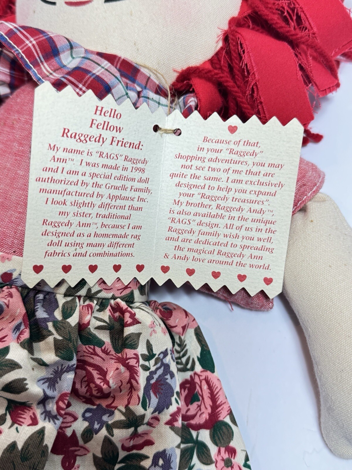 16" Rags Raggedy Ann Doll By Applause Fabric & Yarn Hair Signed By Kim ...