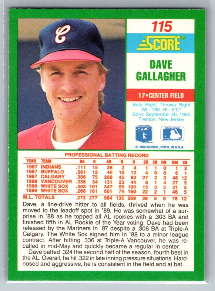Dave Gallagher 1990 Score BASEBALL #115 Chicago White Sox | eBay