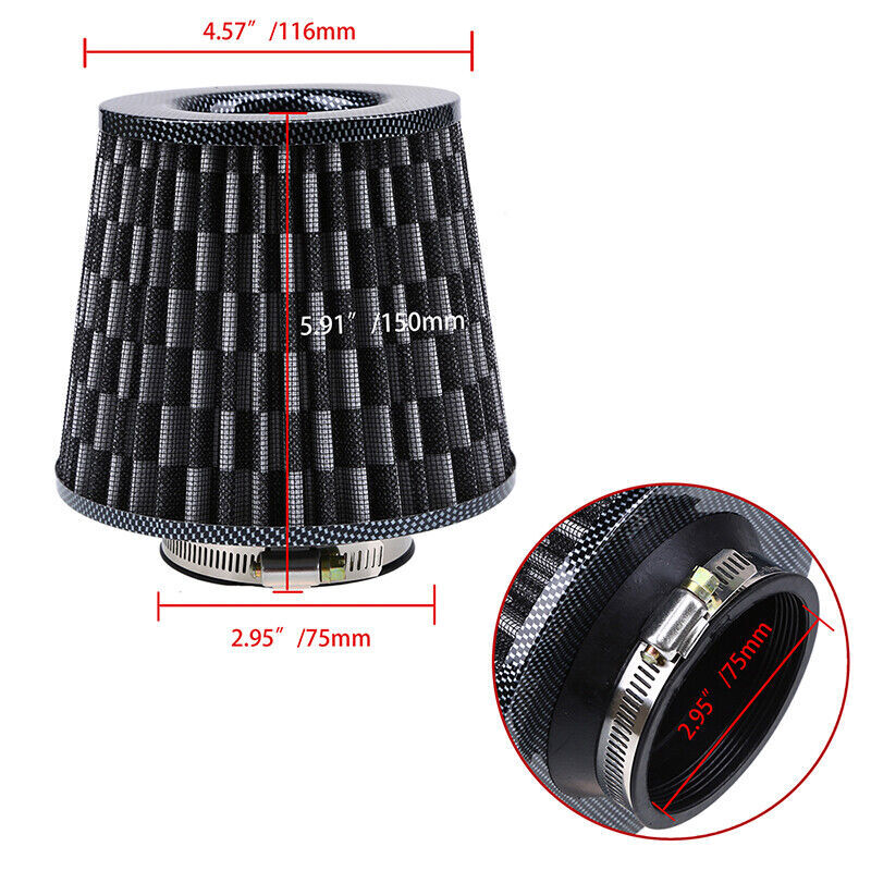 Car 3" Carbon Fiber Black Inlet Short Ram Cold Air Intake Cone Filter ...