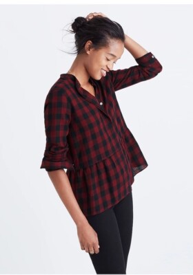 Madewell Lakeside Peplum Shirt in Buffalo Check red/black blouse S | eBay