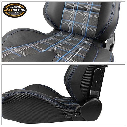 Pair Of Universal Racing Seats Dual Slider PU Carbon Leather Blue Plaid ...