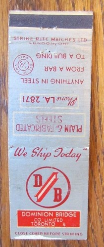 CANADIAN TAX STAMP MATCHBOOK COVER: DOMINION BRIDGES STEEL (TORONTO ...