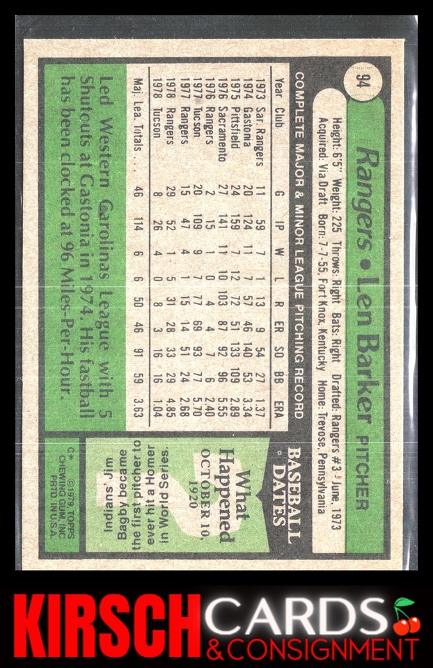 Len Barker 1979 Topps #94 Texas Rangers | eBay