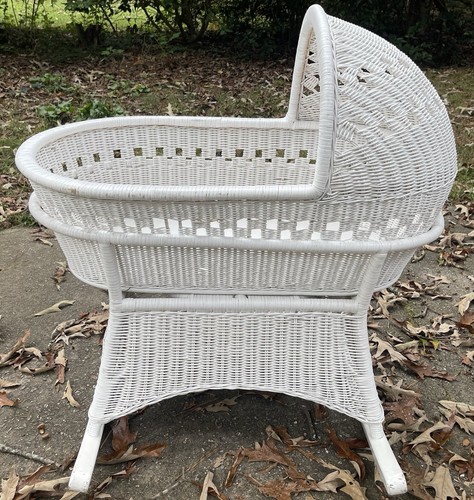 Vintage White Wicker Rattan Full Size Rocking Bassinet W/Pad, Rocking ...