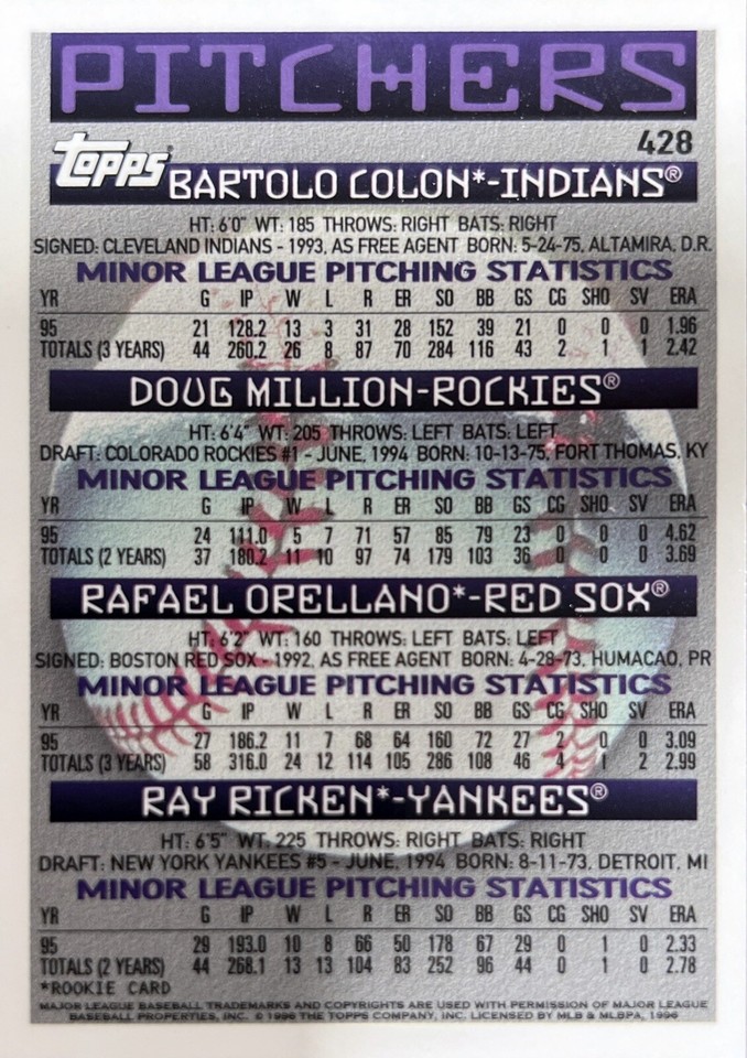 1996 Topps Prospects Bartolo Colon Doug Million Rafael Orellano Ray ...