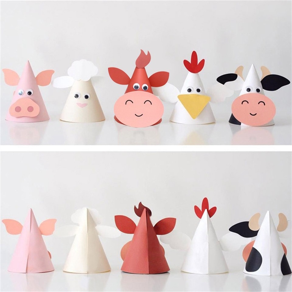 5Pcs Kids Birthday Party Hats Zodiac Ox Cow Cone Hats Farm Animals ...