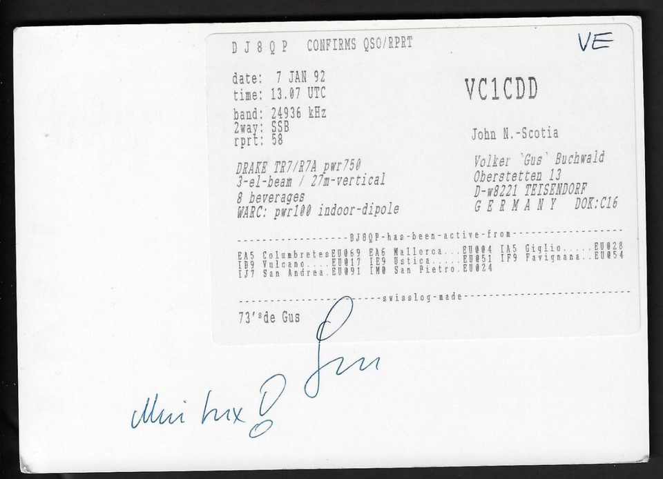 QSL QSO Radio CARD"DJ8QP,Volker "GUS" Buchwald,92",Upper Bavaria ...